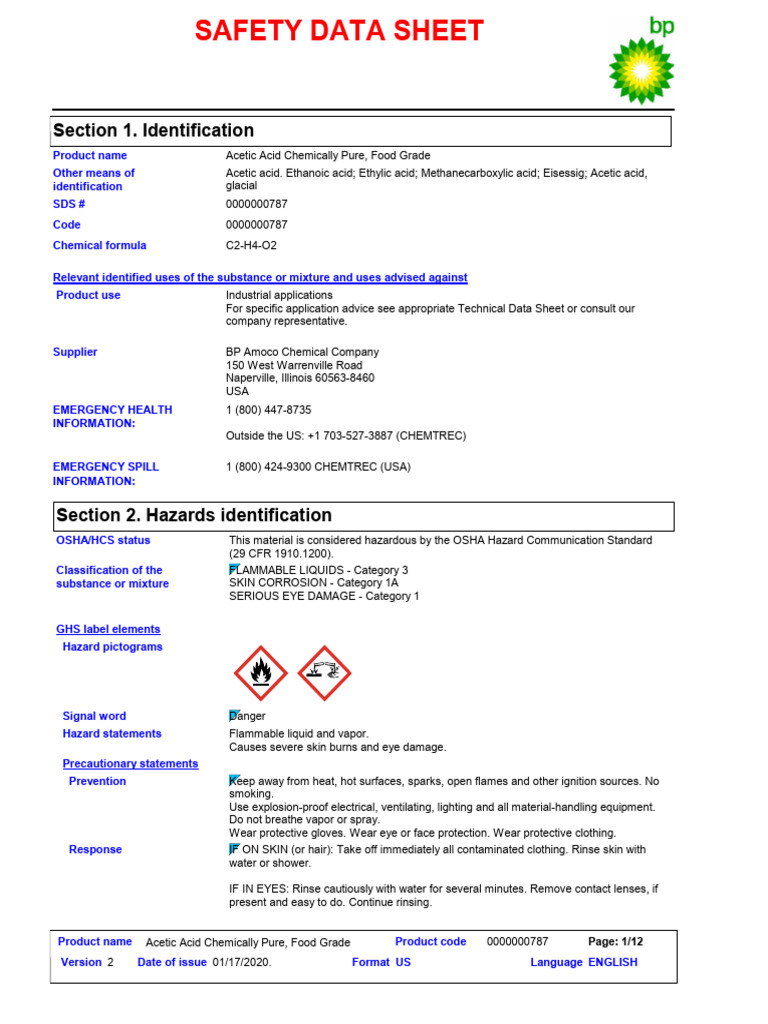 Safety Data Sheet Acetic Acid Food Grade | PDF | Personal Protective Equipment | Dangerous Goods