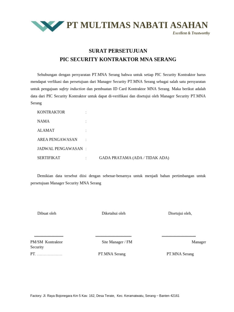 12. Surat Persetujuan PIC Security Kontrraktor MNA Serang | PDF