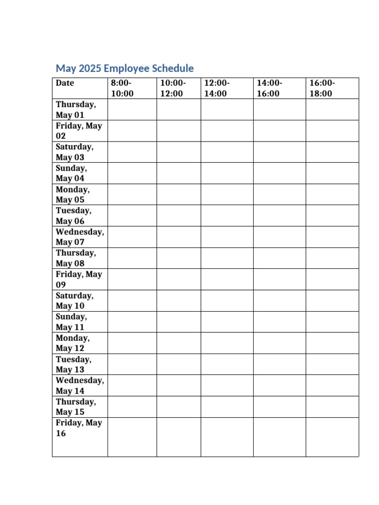 May 2025 Employee Schedule | PDF