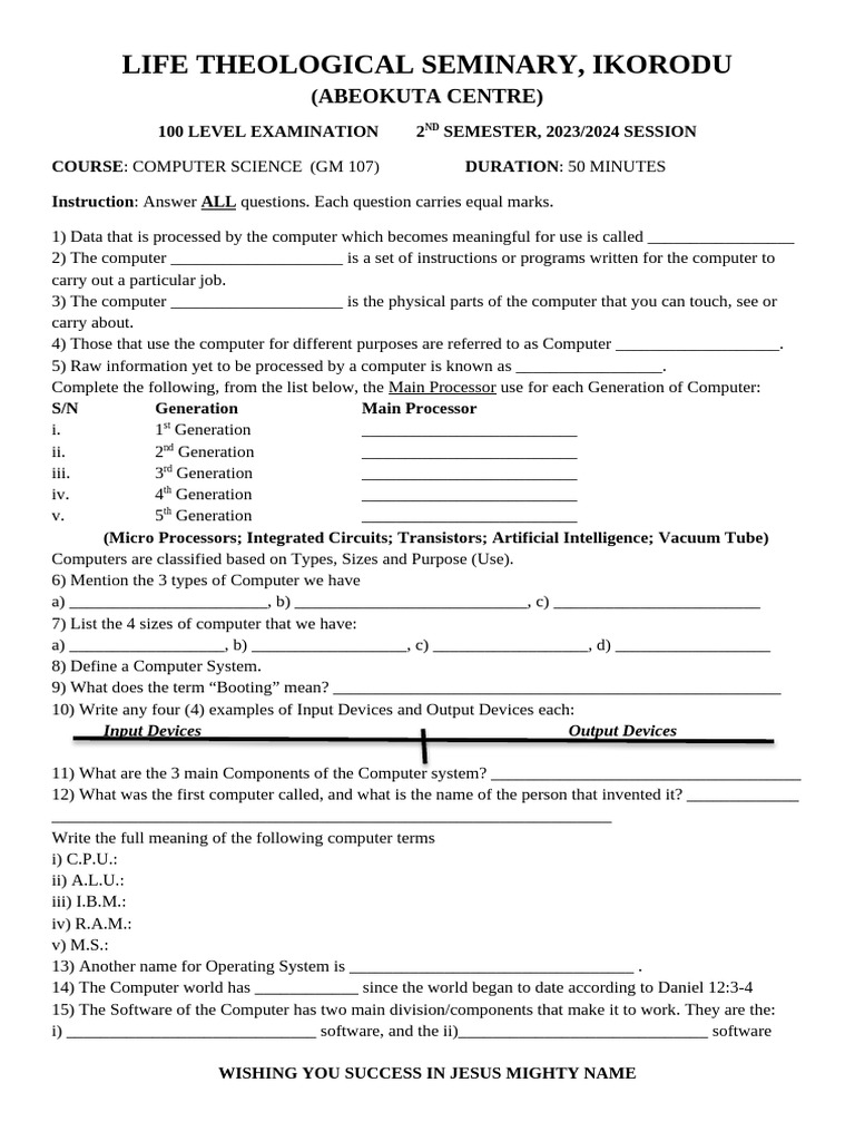 100 Level Computer Science Exam 2023 | PDF | Central Processing Unit ...