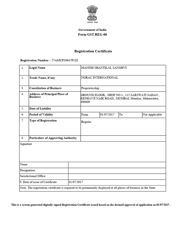 Norac International GST Registration Certificate | PDF