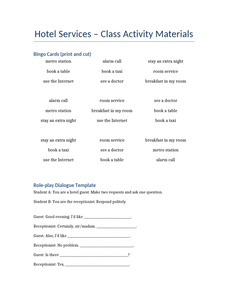 Hotel Lesson Activity Materials | PDF