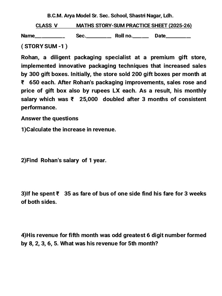 Class 4 Practice Sheet of Story Sum Pre Mid (2025-26) | PDF