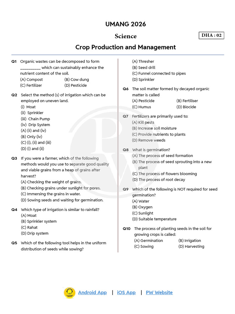 Biology - Crop Production and Management - DHA 02 - Umang 2026 (Class 8th) | PDF | Fertilizer | Seed