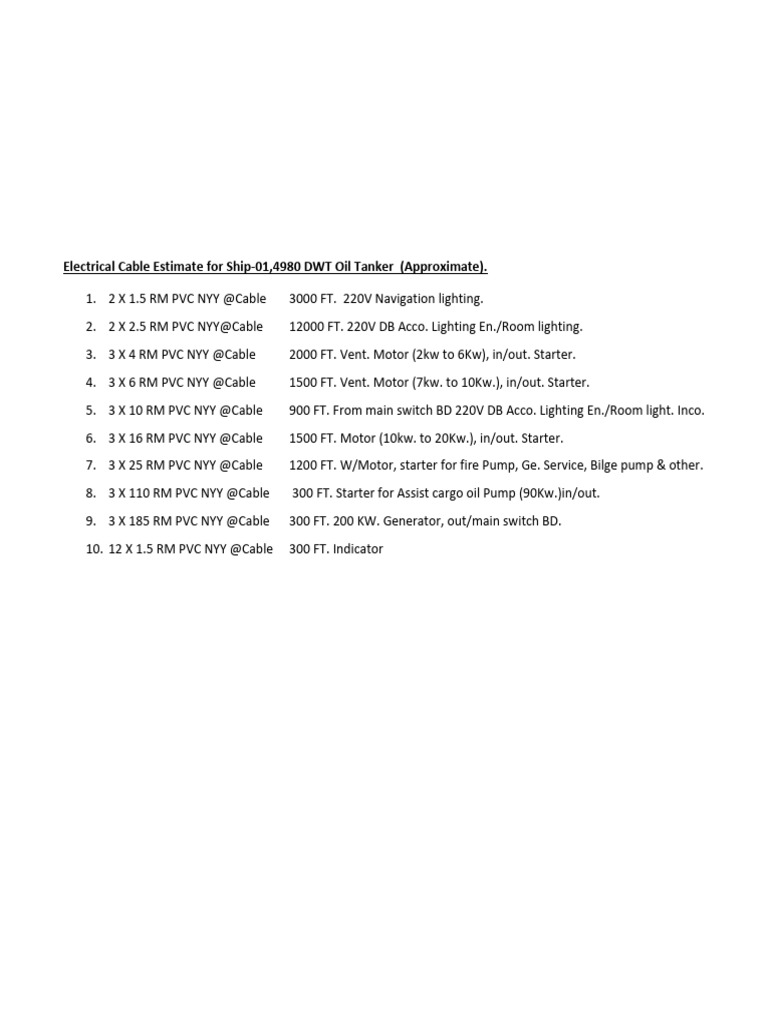 Electrical Cable Estimate for Ship | PDF