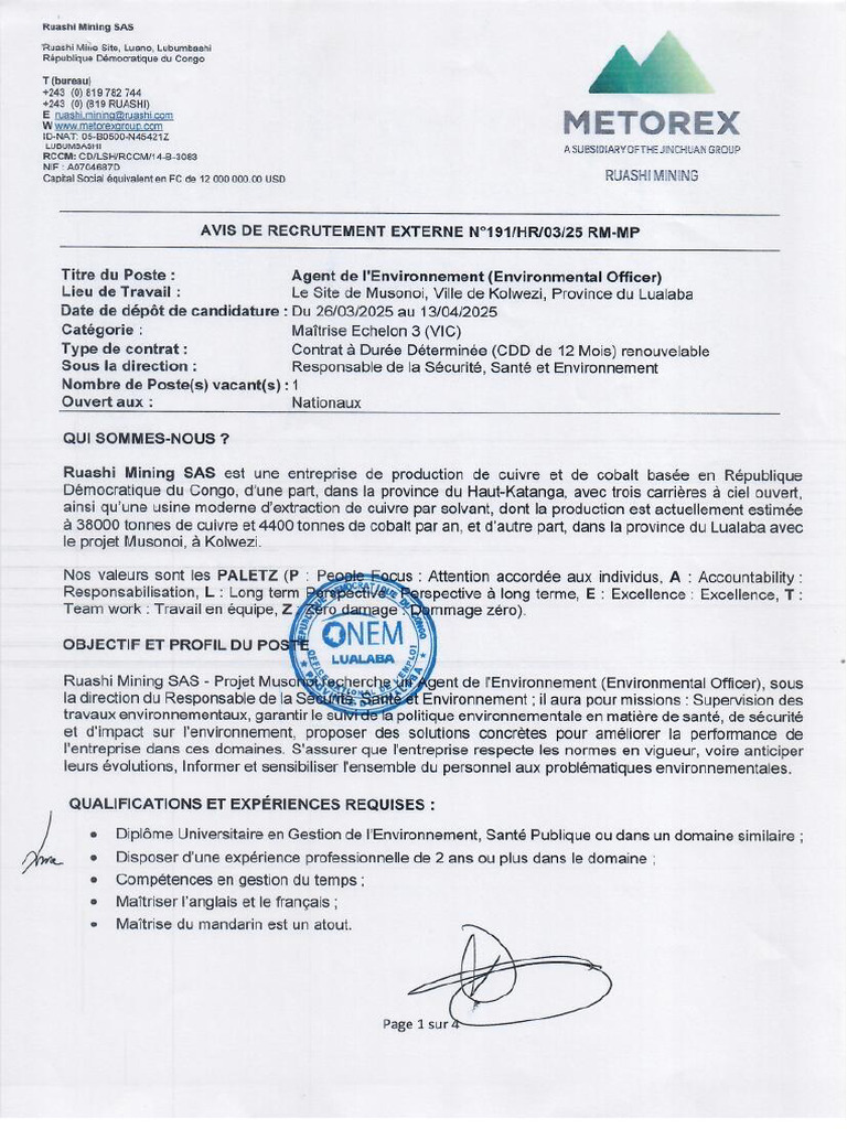 Ruashi Mining - Projet Musonoi - Avis de Recrutement - Environmental Officer | PDF