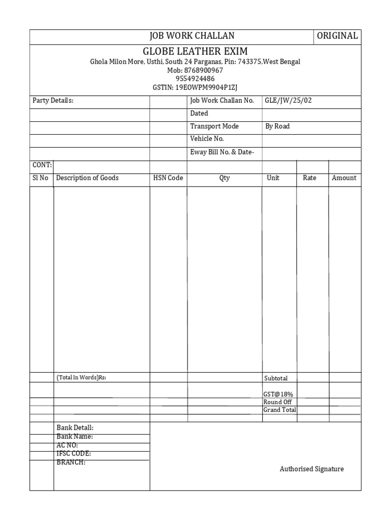 Job Work Challan Template for GST | PDF