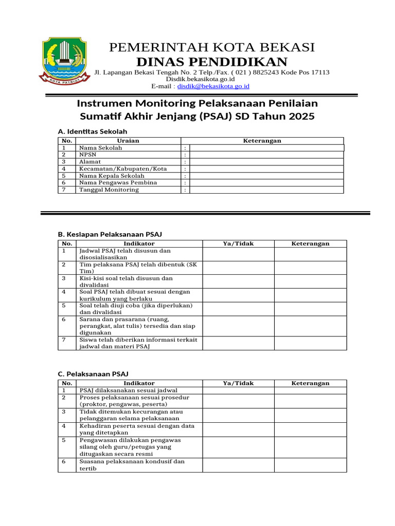 Instrumen Monitoring PSAJ SD 2025 | PDF