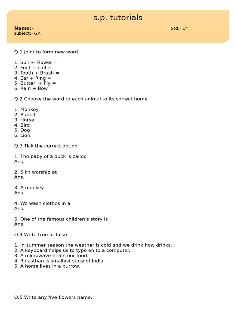 1st GK Worksheet | PDF