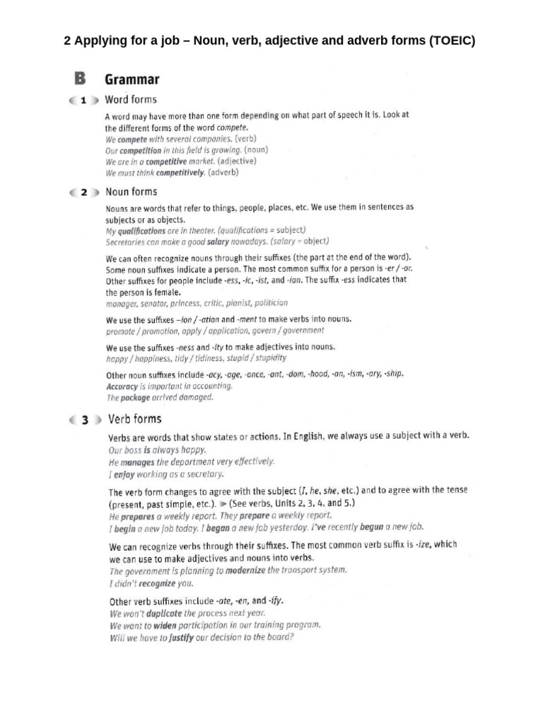 2 Ref - Applying For A Job Â Noun, Verb, Adjective and Adverb Forms (TOEIC) | PDF
