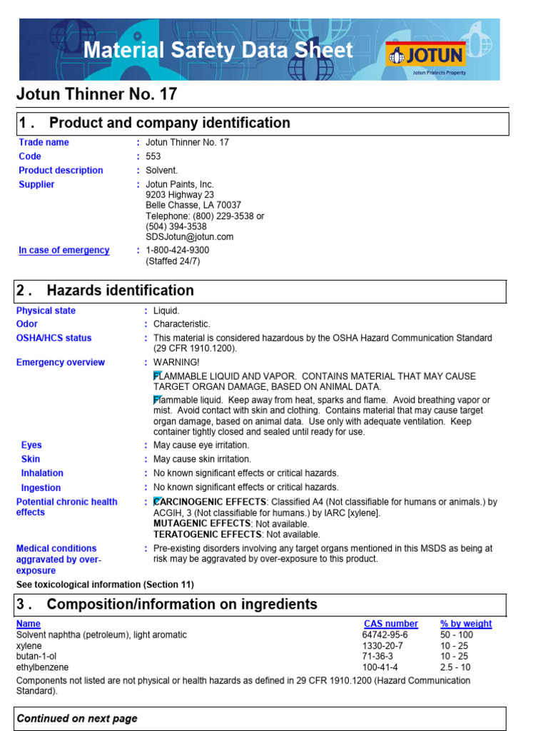 Jotun Thinner No 17 Safety Data Sheet | PDF | Personal Protective Equipment | Water