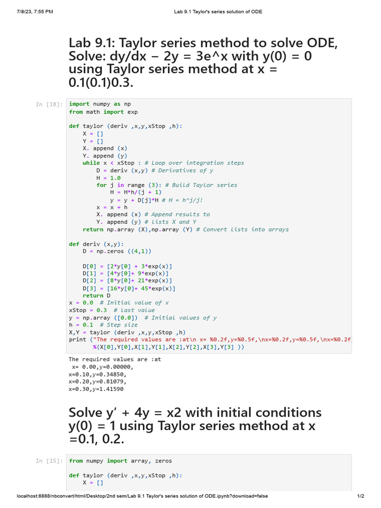 Lab 9.1 Taylor's Series Solution of ODE | PDF