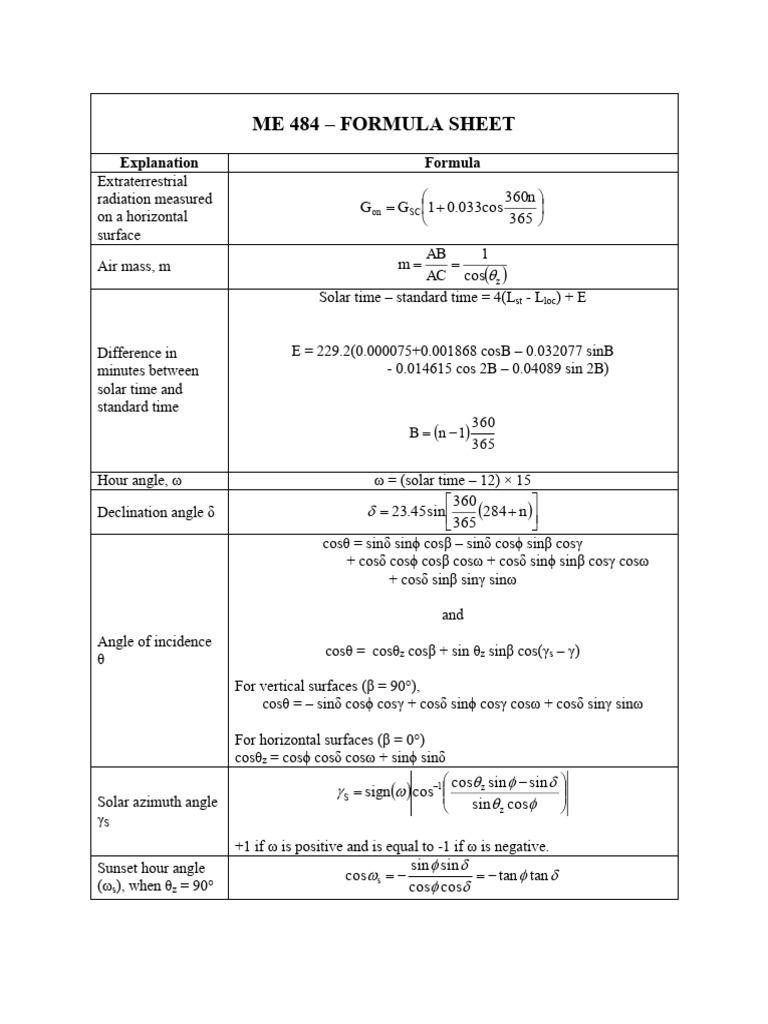 MM 484 Formulation Sheet | PDF | Angle | Electromagnetic Radiation
