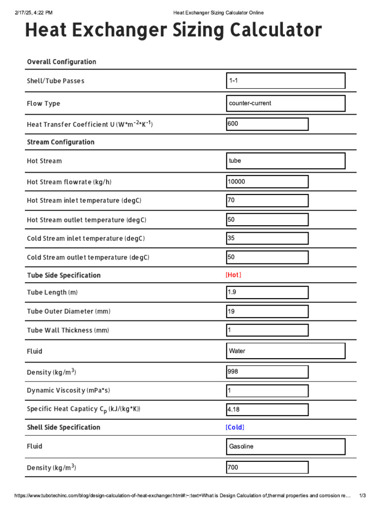 Design Calculation of Heat Exchanger - Weight - Sizing Calculator | PDF