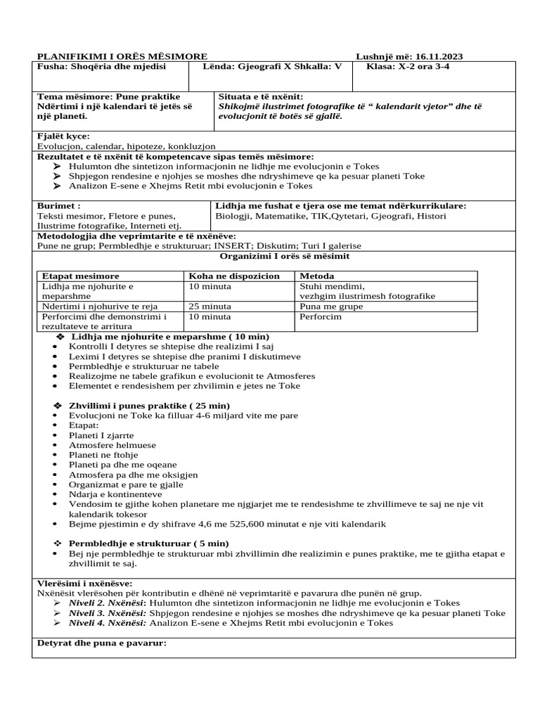 Planifikimi I Orës Mësimore 10 | PDF
