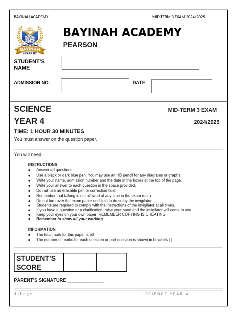 Year 4 Science Mid-Term Exam 2024/2025 | PDF | Water | Water Vapor