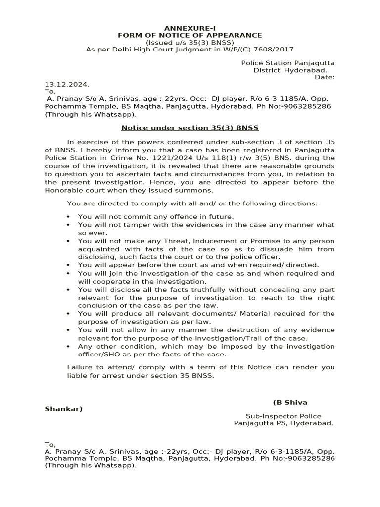 35 (3) BNSS 322-2024 Notice | PDF | Arrest | Police