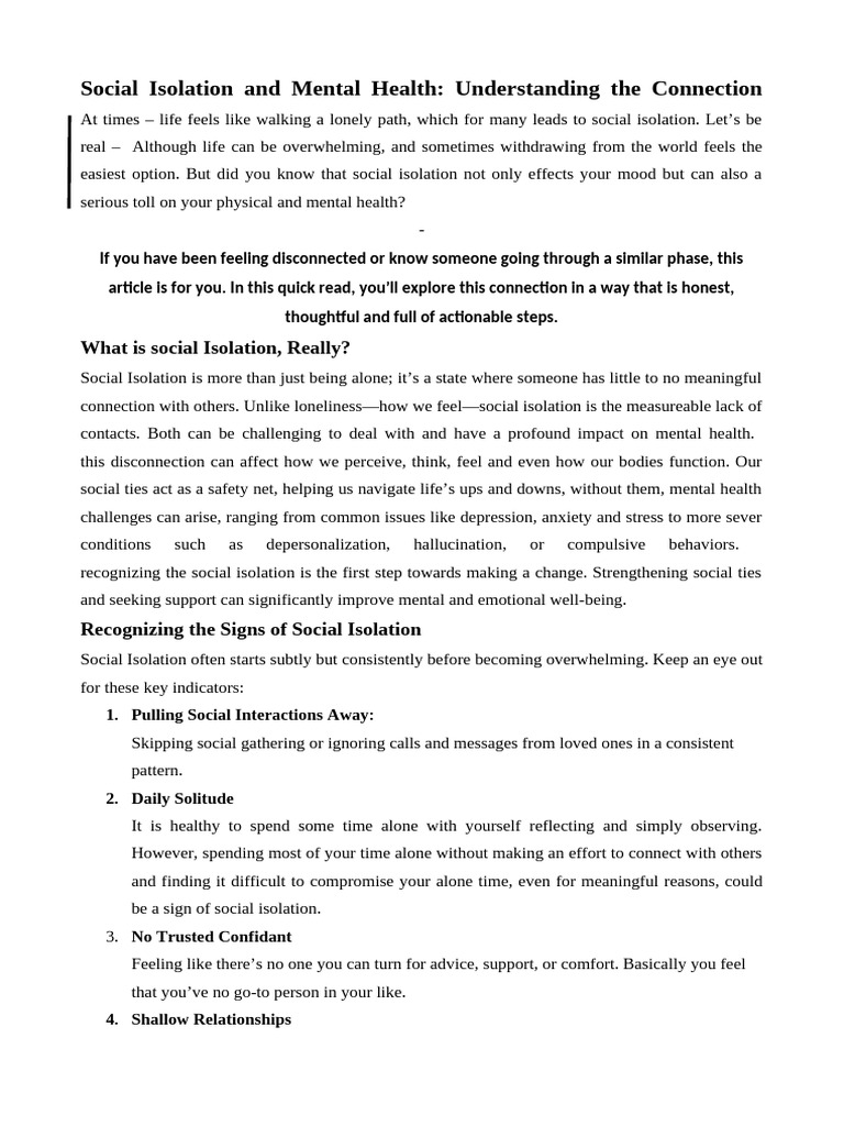 Social Isolation and Mental Health | PDF | Stress (Biology) | Solitude
