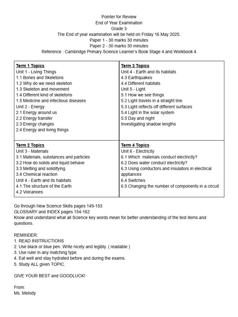 EOY Science Grade 3 - Pointer For Review | PDF | Light | Electricity