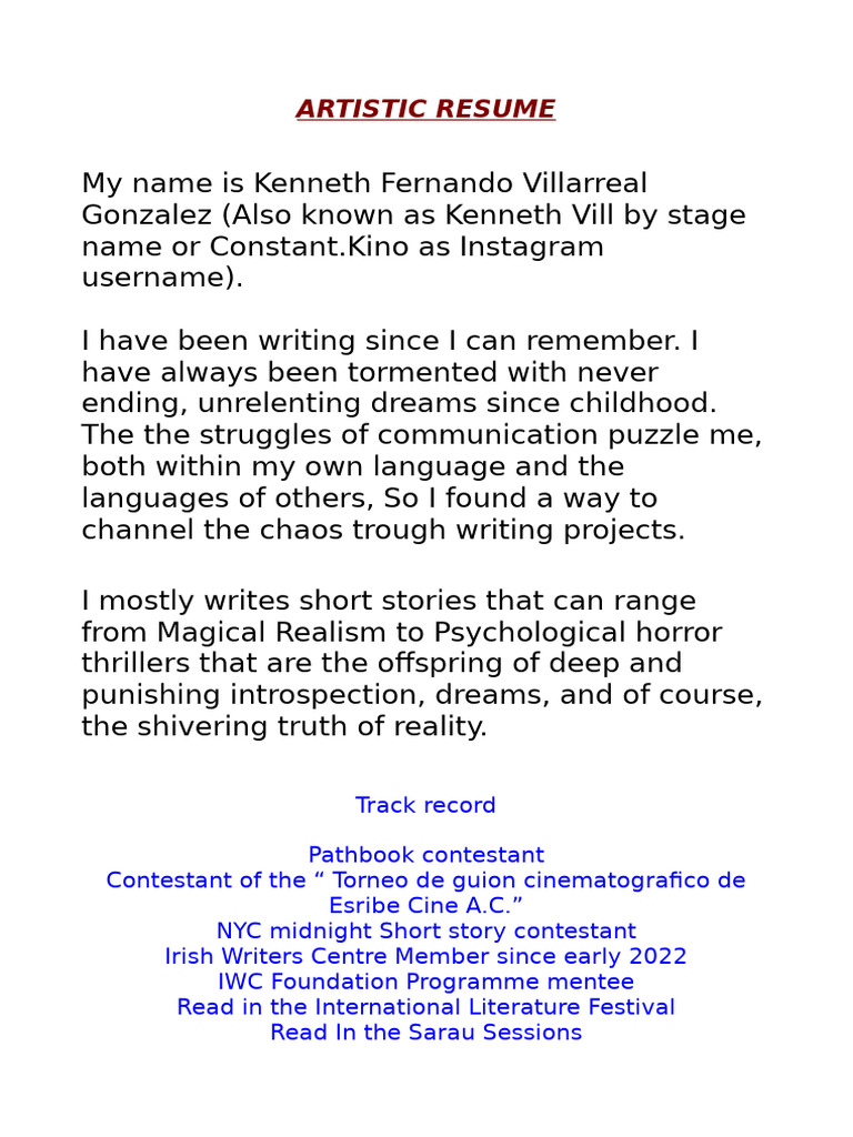 Artistic CV Kenneth Vill | PDF