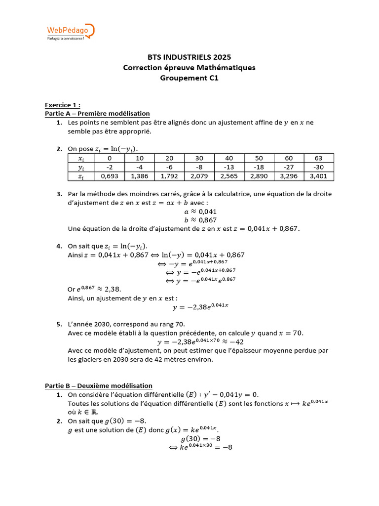 BTS 2025 Corrigé Mathématiques C1 | PDF | Mathématiques | Mathématiques appliqués