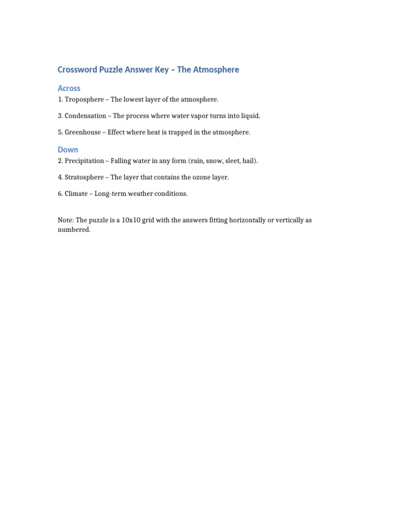 Atmosphere Crossword Puzzle Answers | PDF