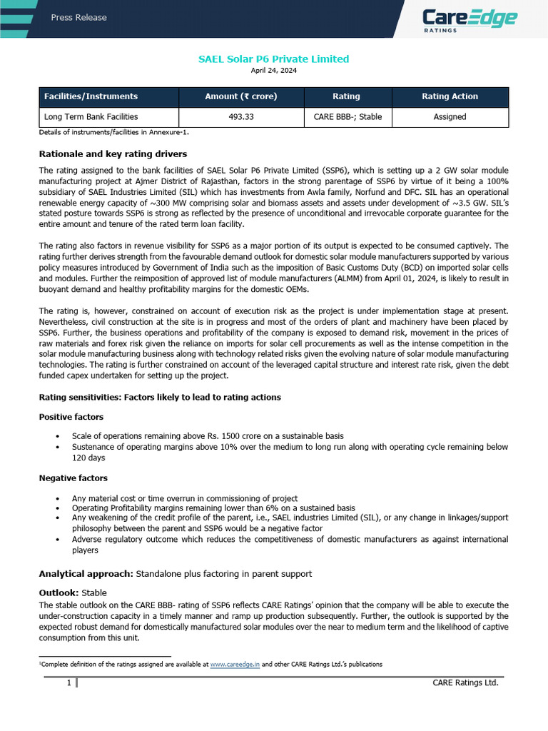 SAEL Solar P6 Pvt Ltd Credit Rating Update | PDF | Risk | Foreign ...