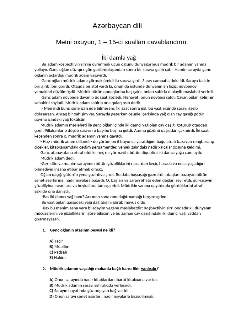 6cı Sinif Monitorinq MÜDTA - A - Ana Dili | PDF