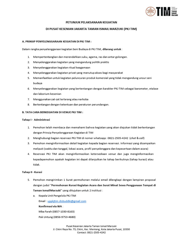 Petunjuk Pelaksanaan Kegiatan Di PKJ Tim | PDF