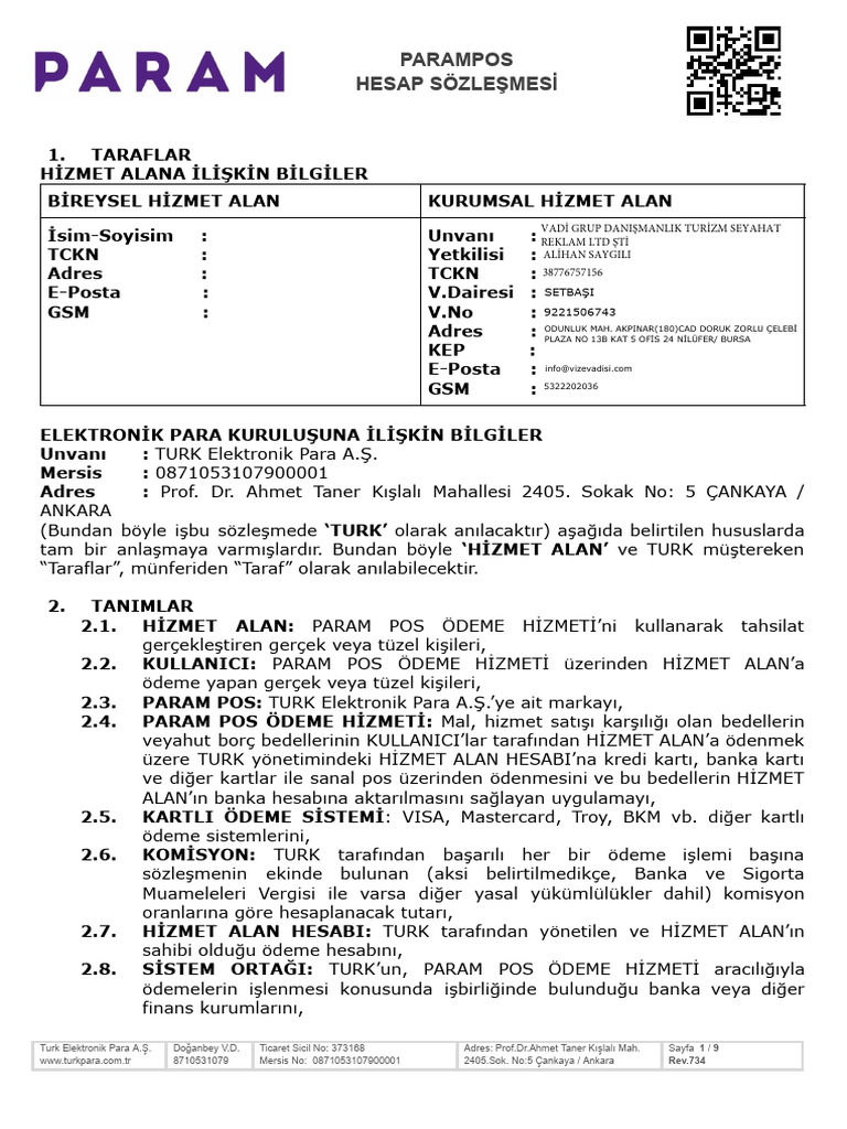 Param Pos Hesap Sözleşmesi Güncel Rev.734 | PDF