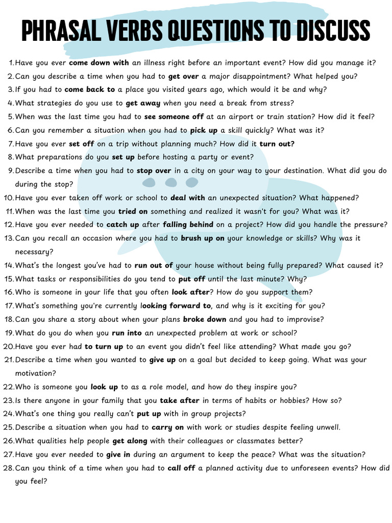 Phrasal verbs questions to discuss | PDF | Psychological Concepts ...