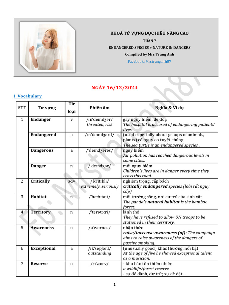 I. Vocabulary: STT T V NG T Lo I Phiên Âm Nghĩa & Ví D Endanger | PDF