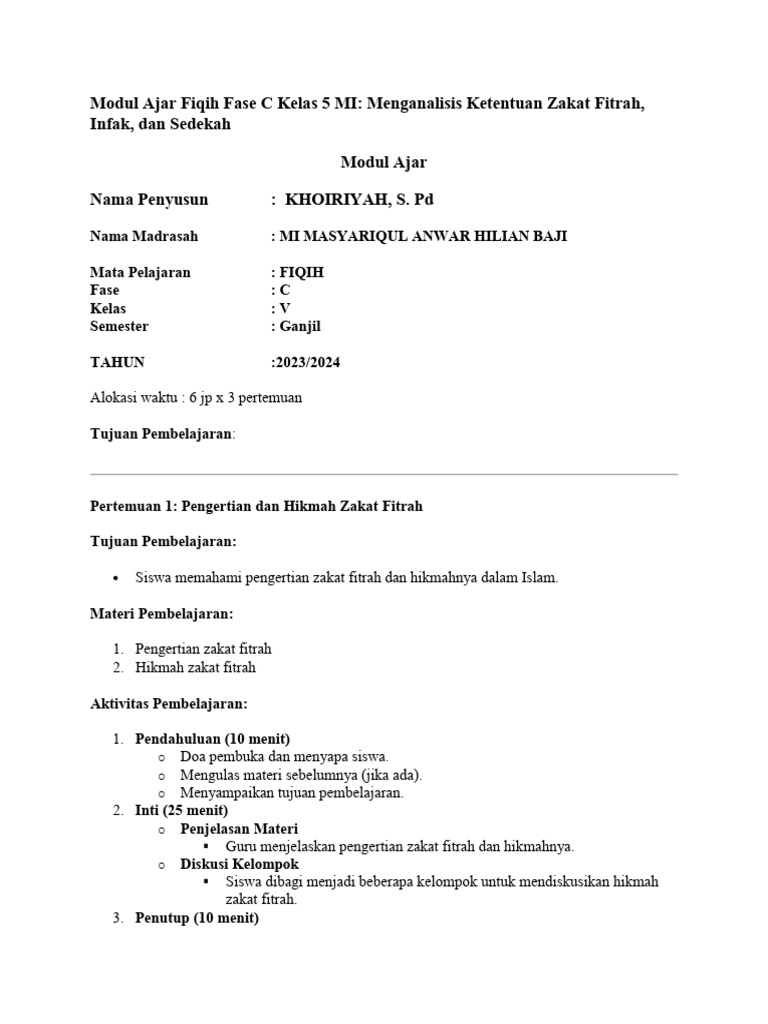 Modul Fiqih: Zakat, Infak, Sedekah Kelas 5 | PDF