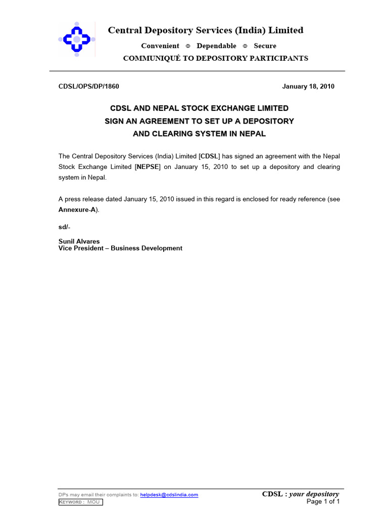 Communiques DP DP 1860 CDSL Signs Agreement With NEPSE | PDF | Securities (Finance) | Equity ...