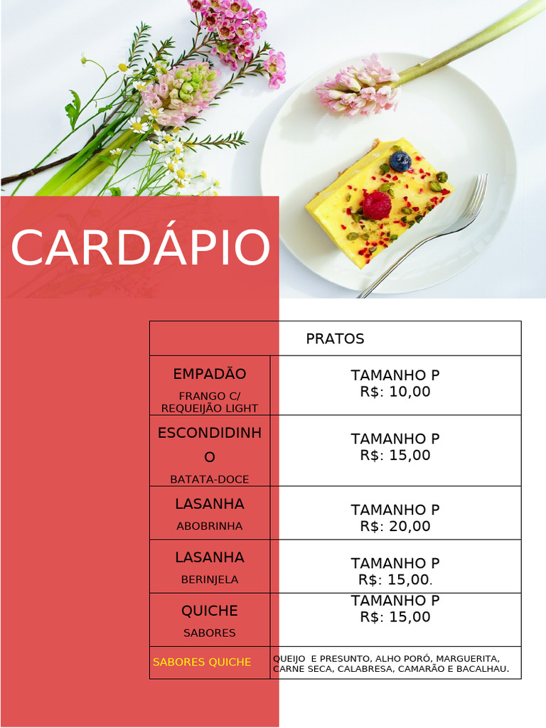 Cardápio Variado de Pratos e Salgados | PDF