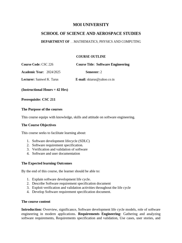 CSC 226 Software Engineering Course Outline | PDF | Software ...