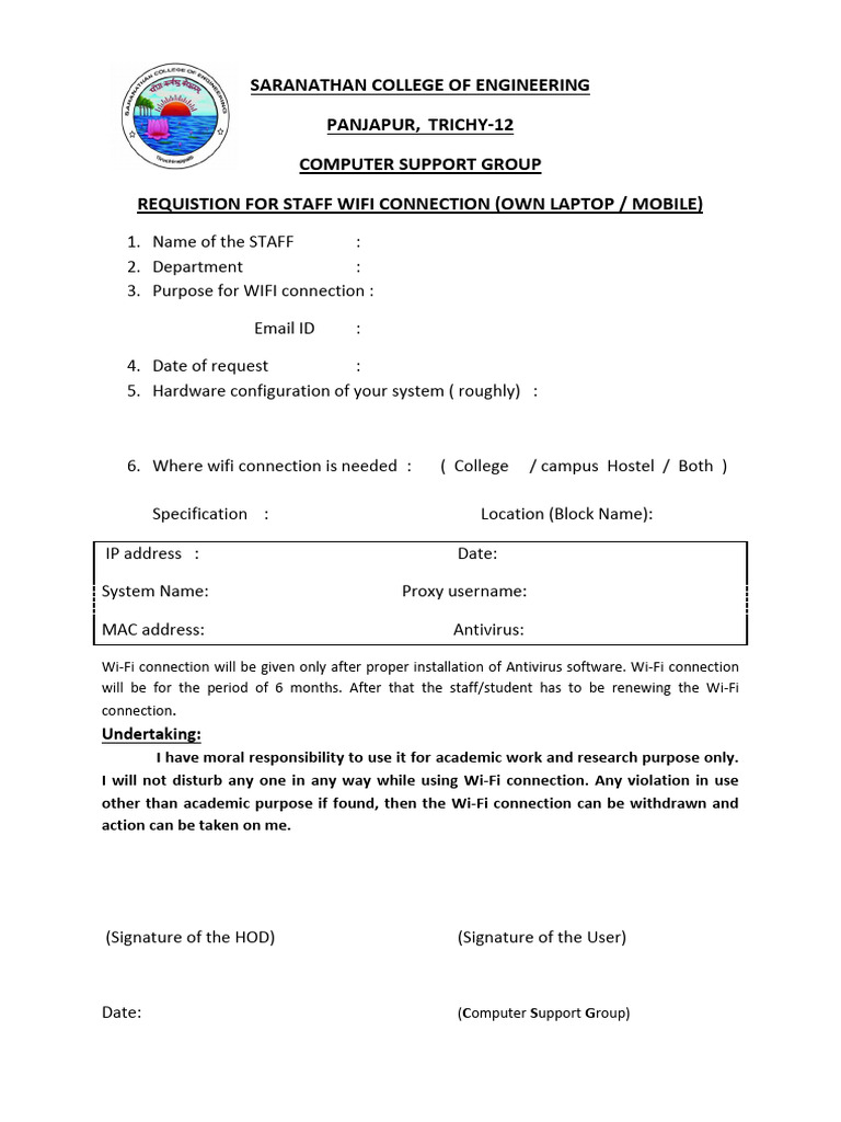 2.staff Own - Laptop - Mobile - Wifi - Request - Form | PDF