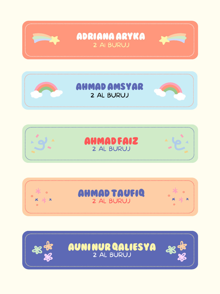 Pastel Colorful Kids Cute Name Label A4 Document | PDF