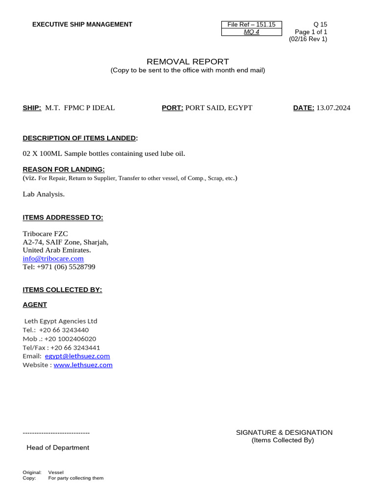 Removal Report LO SAMPLE PORT SAID 13.07.2024 | PDF