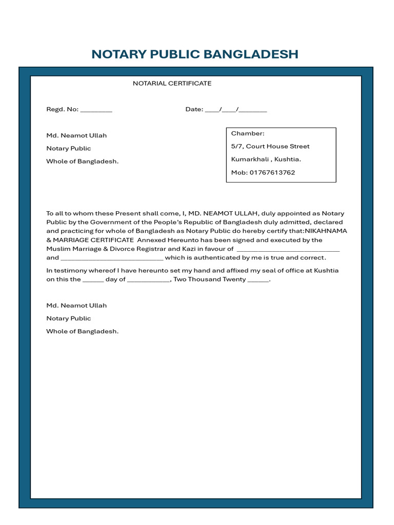 Notarial Certificate by Notary Public Bangladesh | PDF