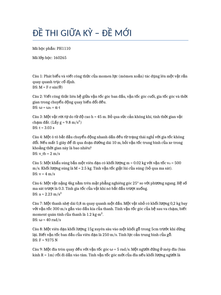 De_Thi_Giua_Ky_PH1110 | PDF