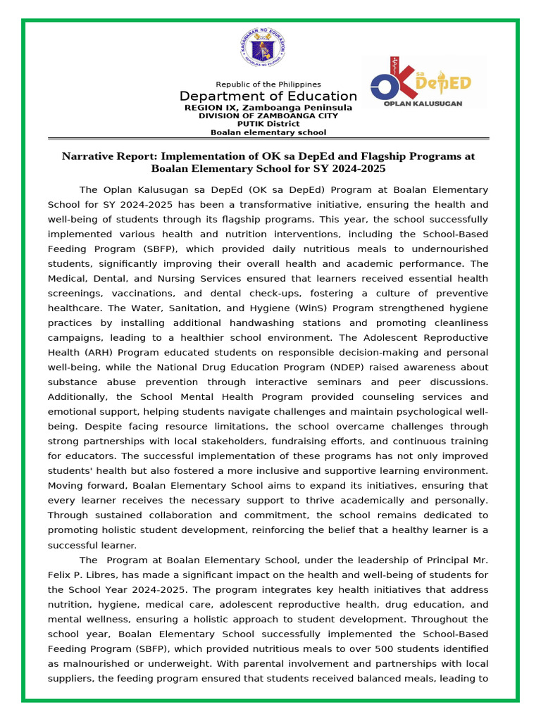Ok Sa Deped Narrative Report | PDF | Mental Health | Hygiene