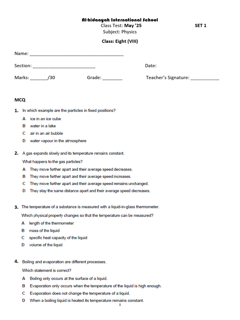 Grade 8 Physics Final Term CT2 Set1 | PDF