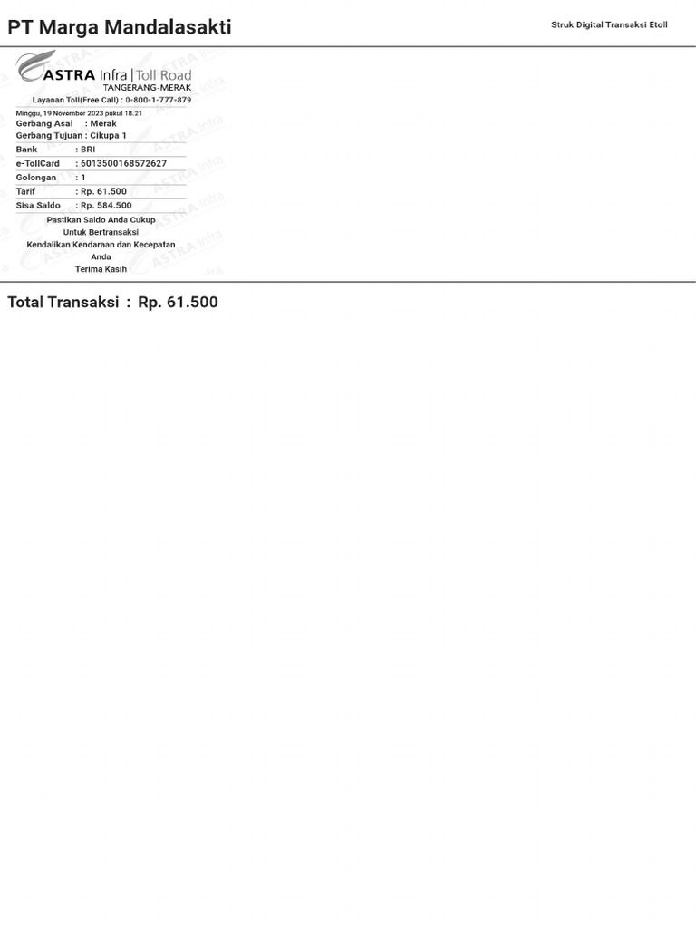 Struk Transaksi ASTRA Infra Toll Road - 205729 | PDF