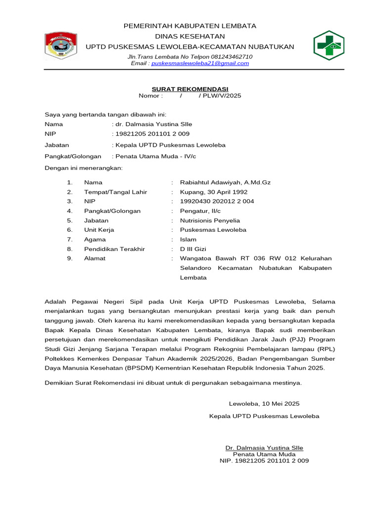 Surat Rekomendasi Dari Pimpinan Unit Kerja-1 | PDF