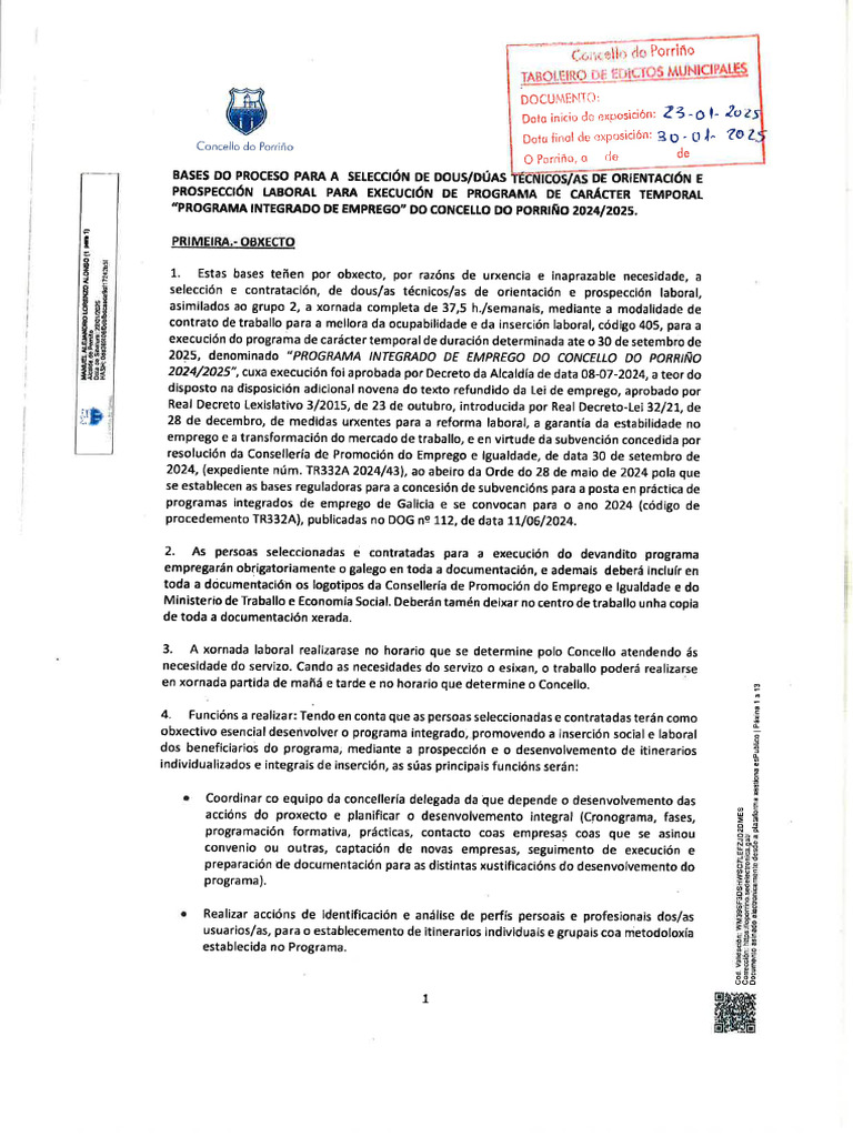 Bases Proceso Selectivo Programa Integrado Emprego 2024-2025 | PDF