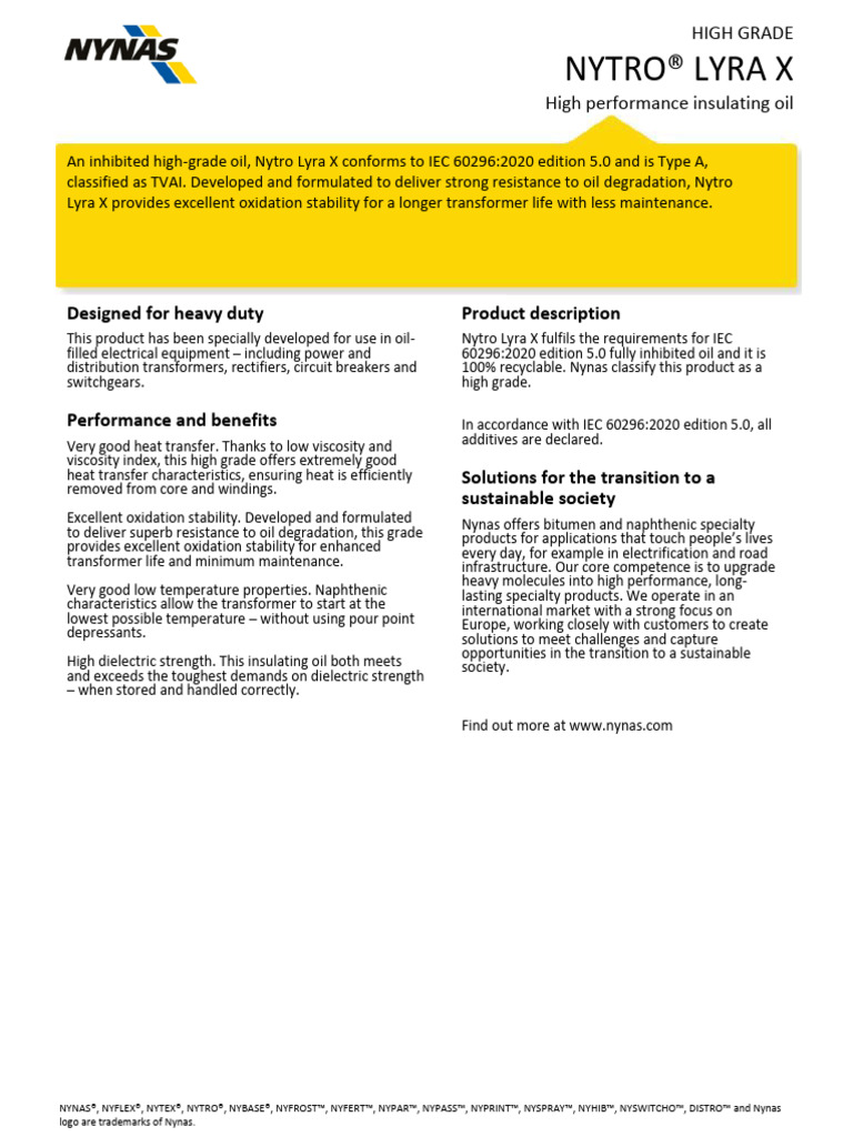 NYTRO® LYRA X (English) PDS | PDF | Transformer | Electricity