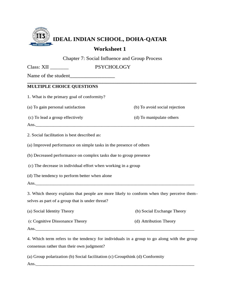 PSY XII Chap.7 Worksheet 1 | PDF | Conformity | Cognitive Science
