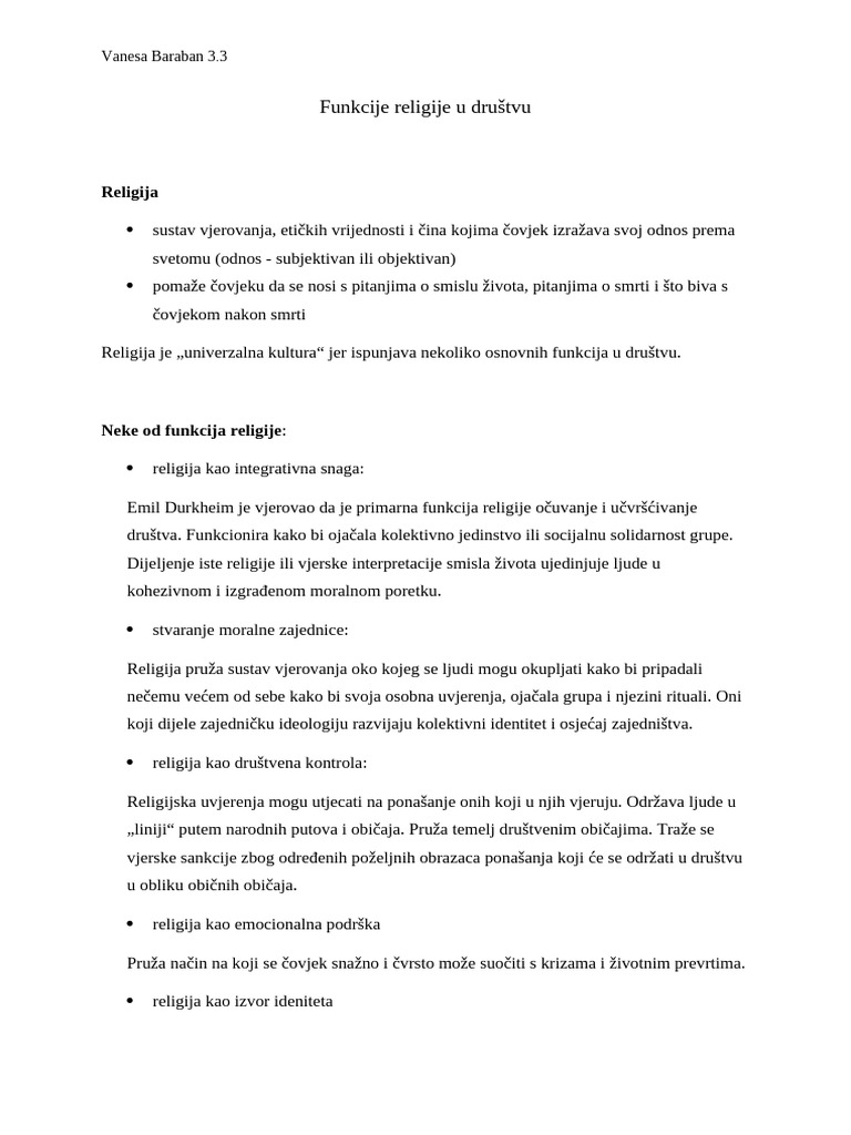 Funkcije Religije U Društvu - Vanesa Baraban | PDF