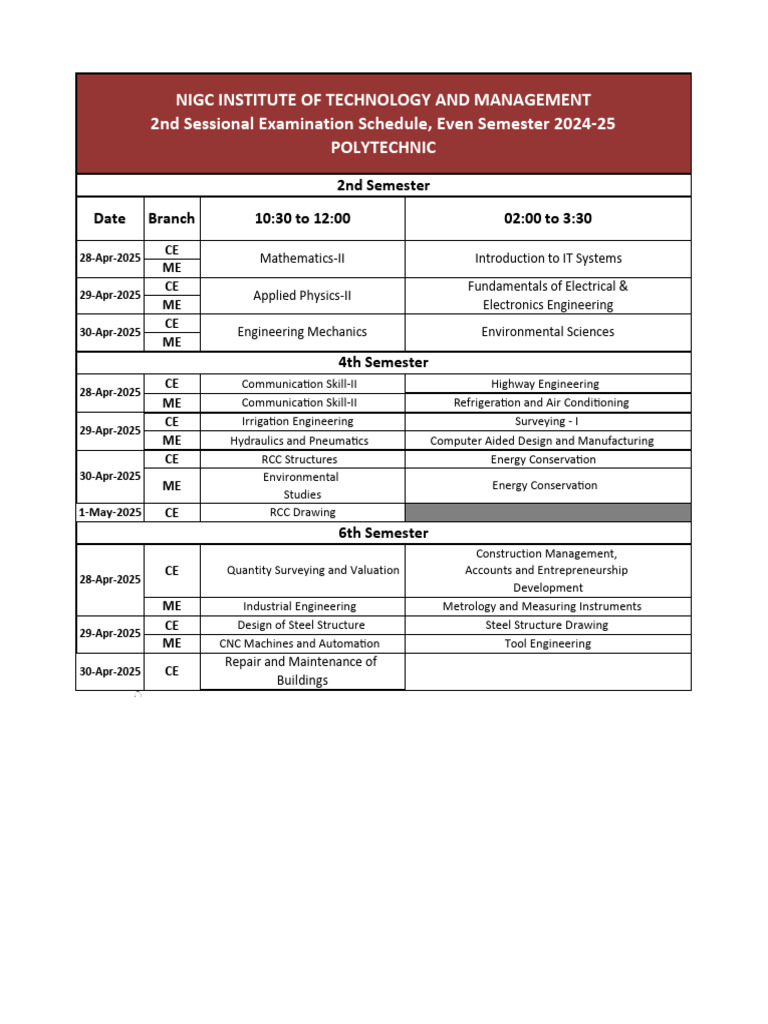 Sessional Examination Schedule, April 2025 | PDF | Engineering ...